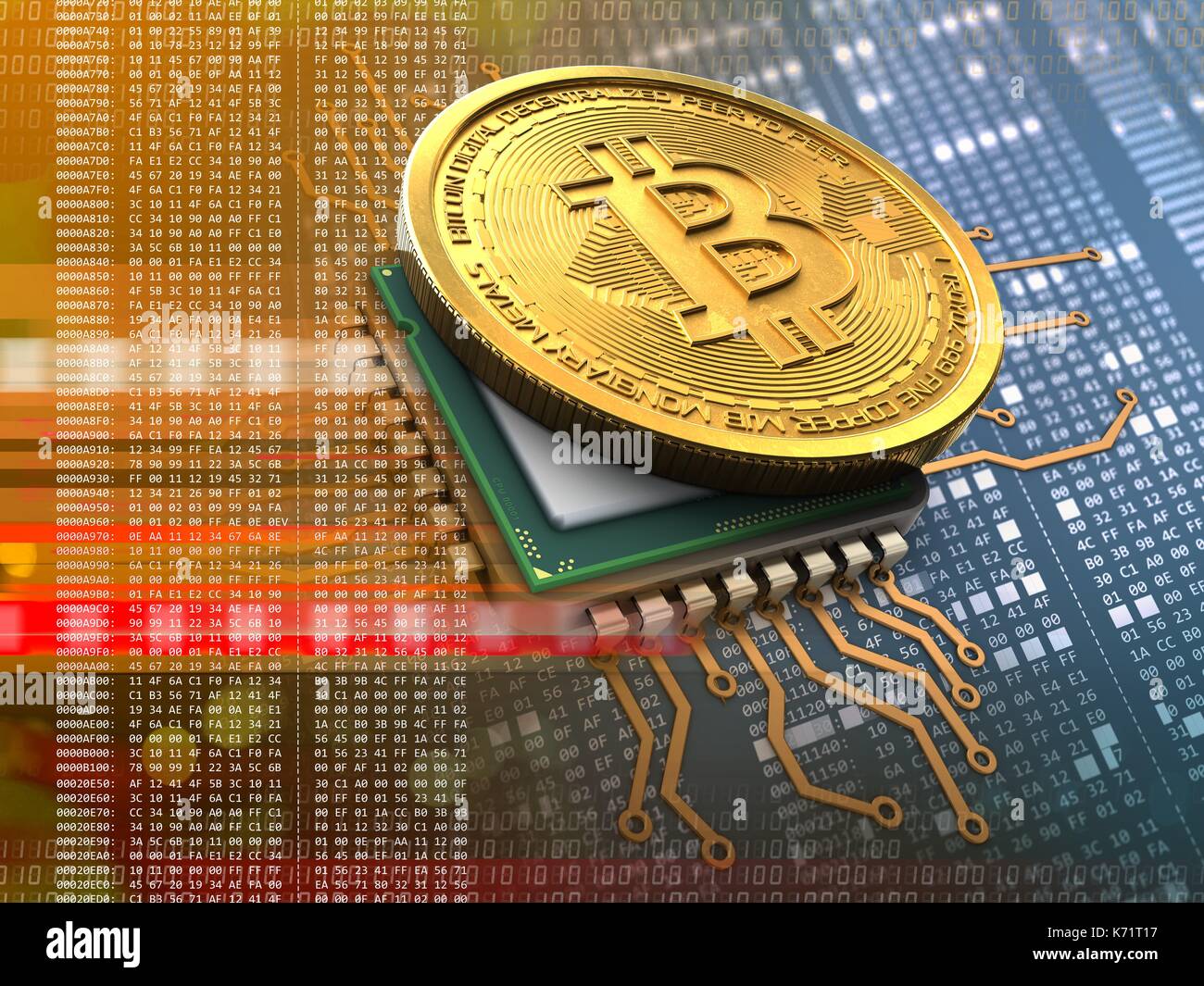 3d illustration of bitcoin over hexadecimal background with cpu orange ...
