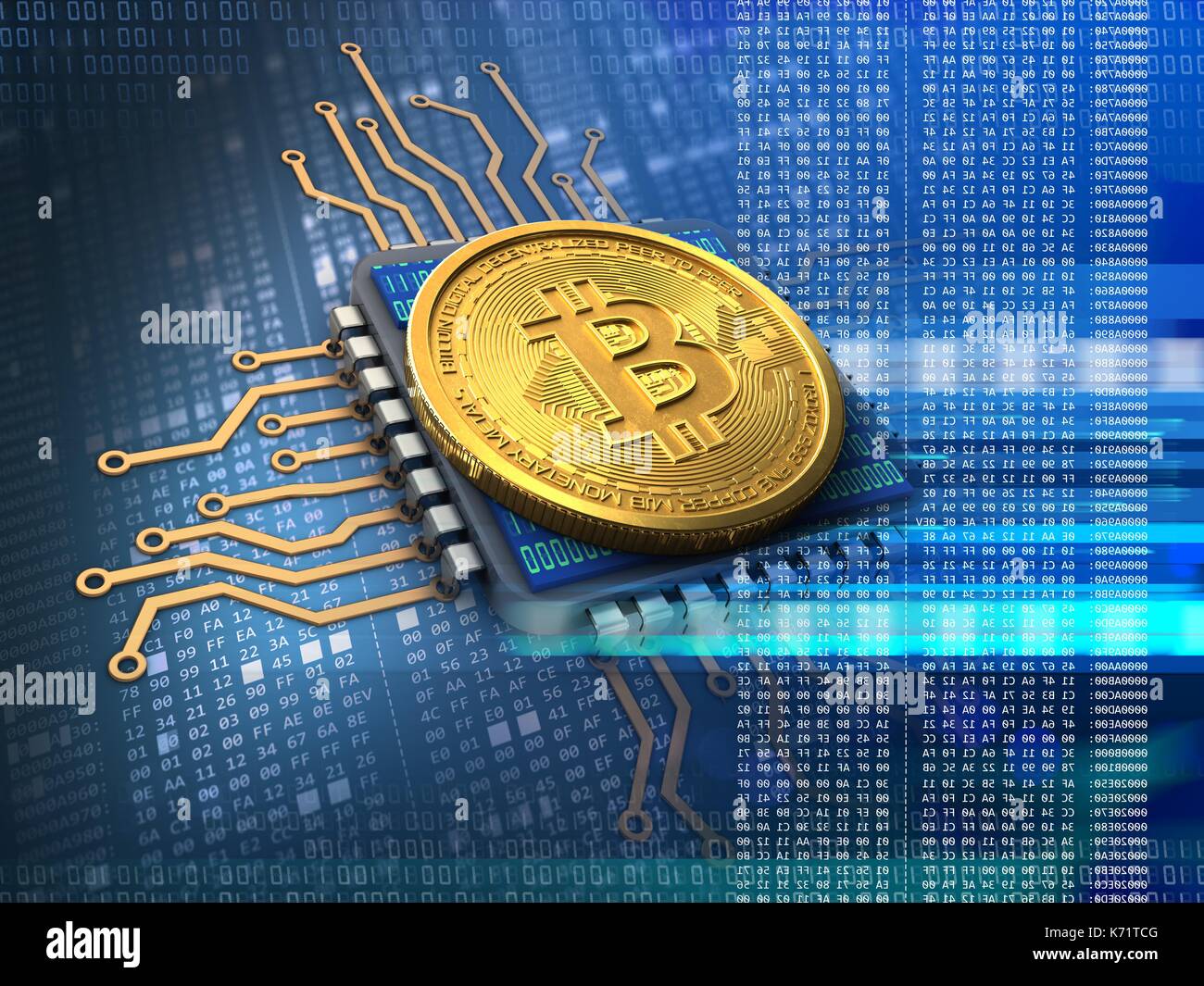 3d illustration of bitcoin over hexadecimal background with cpu blue ...