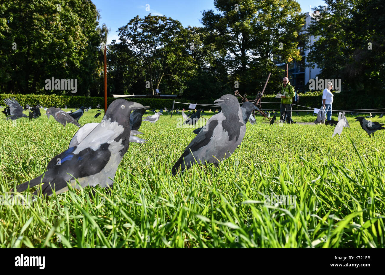 Berlin, Germany. 12th Sep, 2017. Painted crow stencils in a field on ...