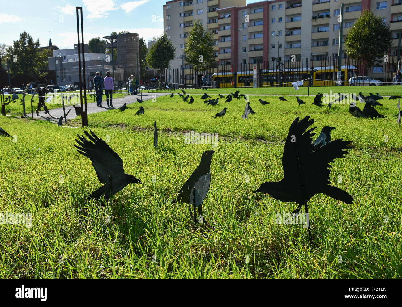 Berlin, Germany. 12th Sep, 2017. Painted crow stencils in a field on ...