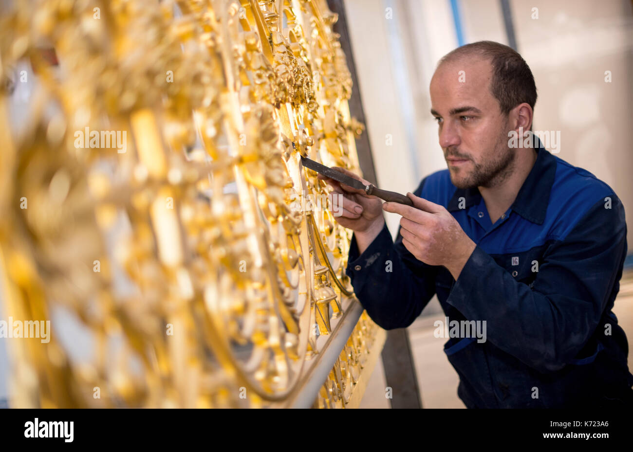 Dresden, Germany. 14th Sep, 2019. Metal worker Steffin Aurin works on a ...
