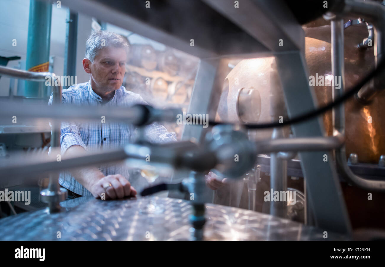 Rüdiger Sasse from the Sasse distillery inspects corn distilled by the ...