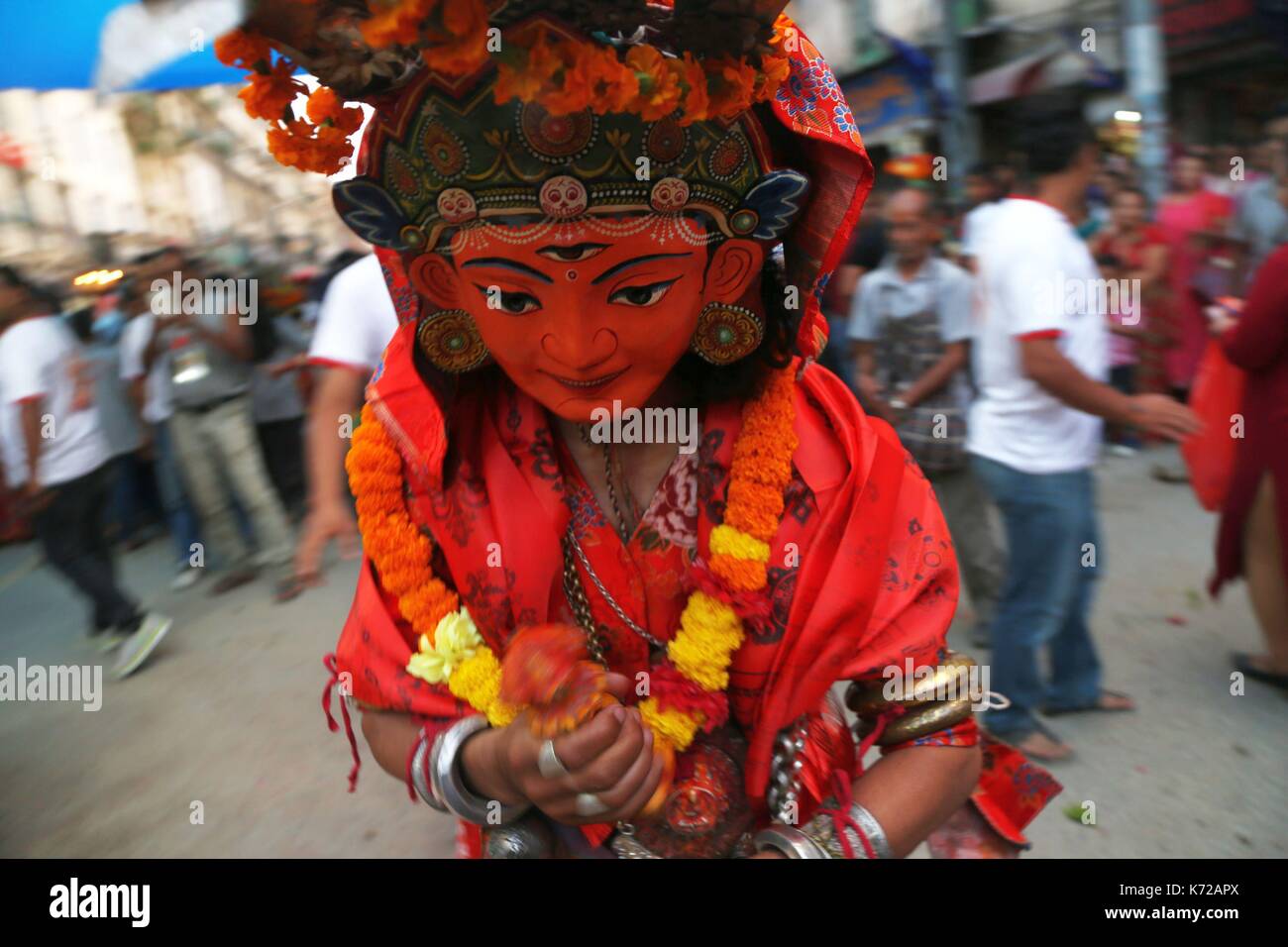 Kathmandu, Nepal. 14th Sep, 2017. A Hindu devotee dressed up as Goddess ...