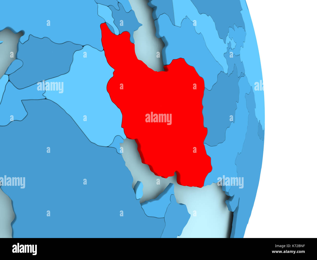 Iran in red on simple blue political globe with visible country borders ...