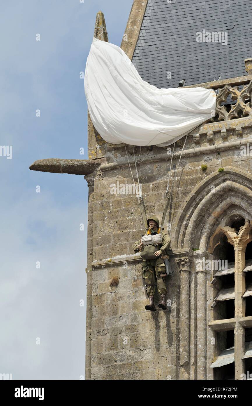 Parachutist john steele on the church at sainte mere eglise hi-res ...