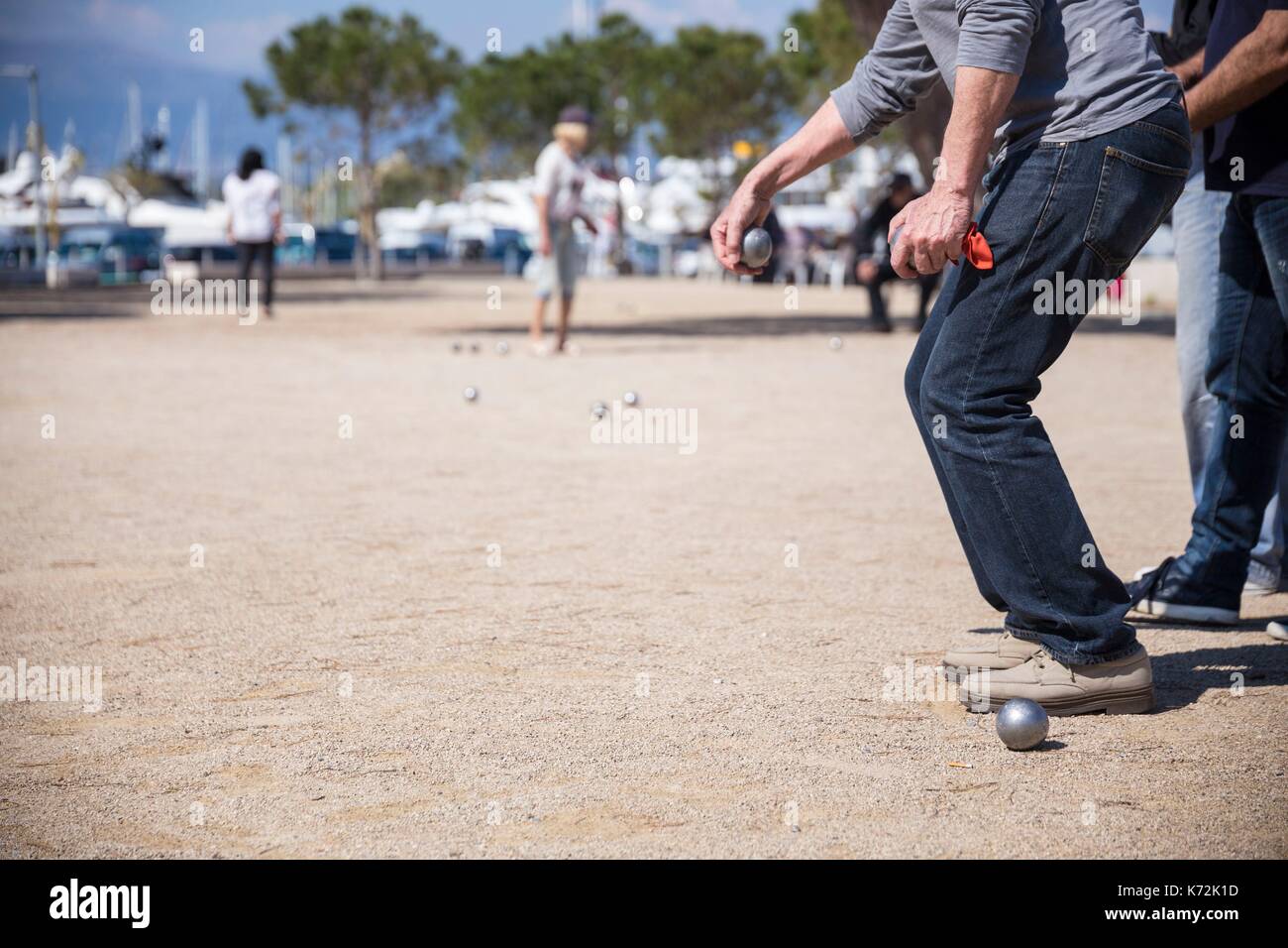 France, Alpes-Maritimes, Antibes, the port Vauban, petanque players ...