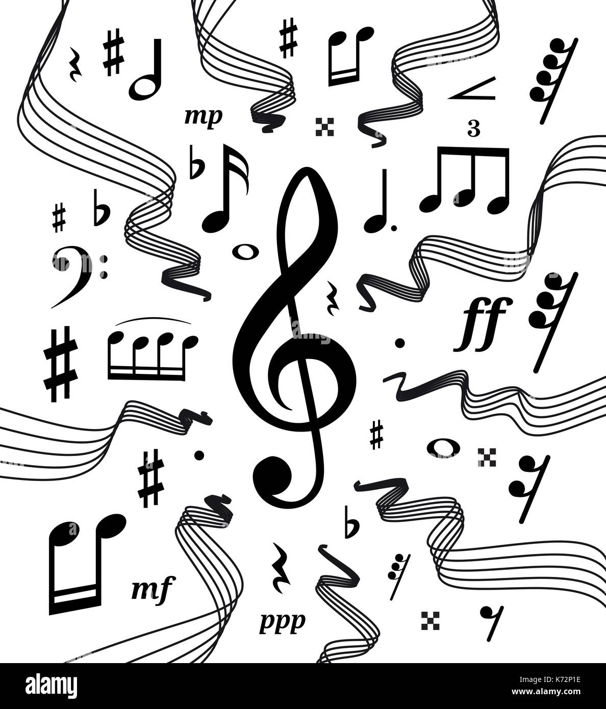 Wavy music staves. Vector illustration set on white background Stock ...
