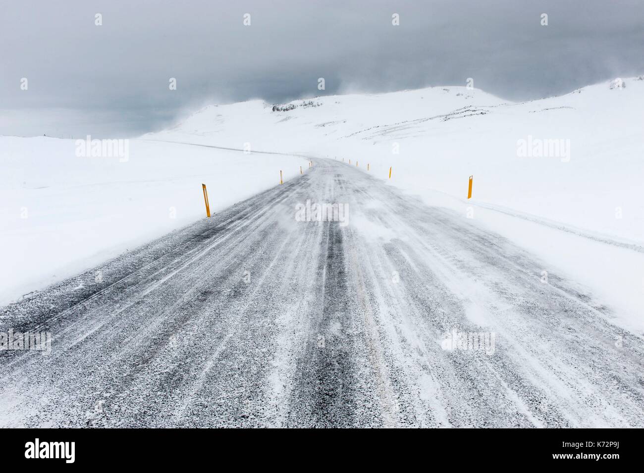 Iceland, West Iceland, Snaefellsnes Peninsula, road 54, blowing snow ...