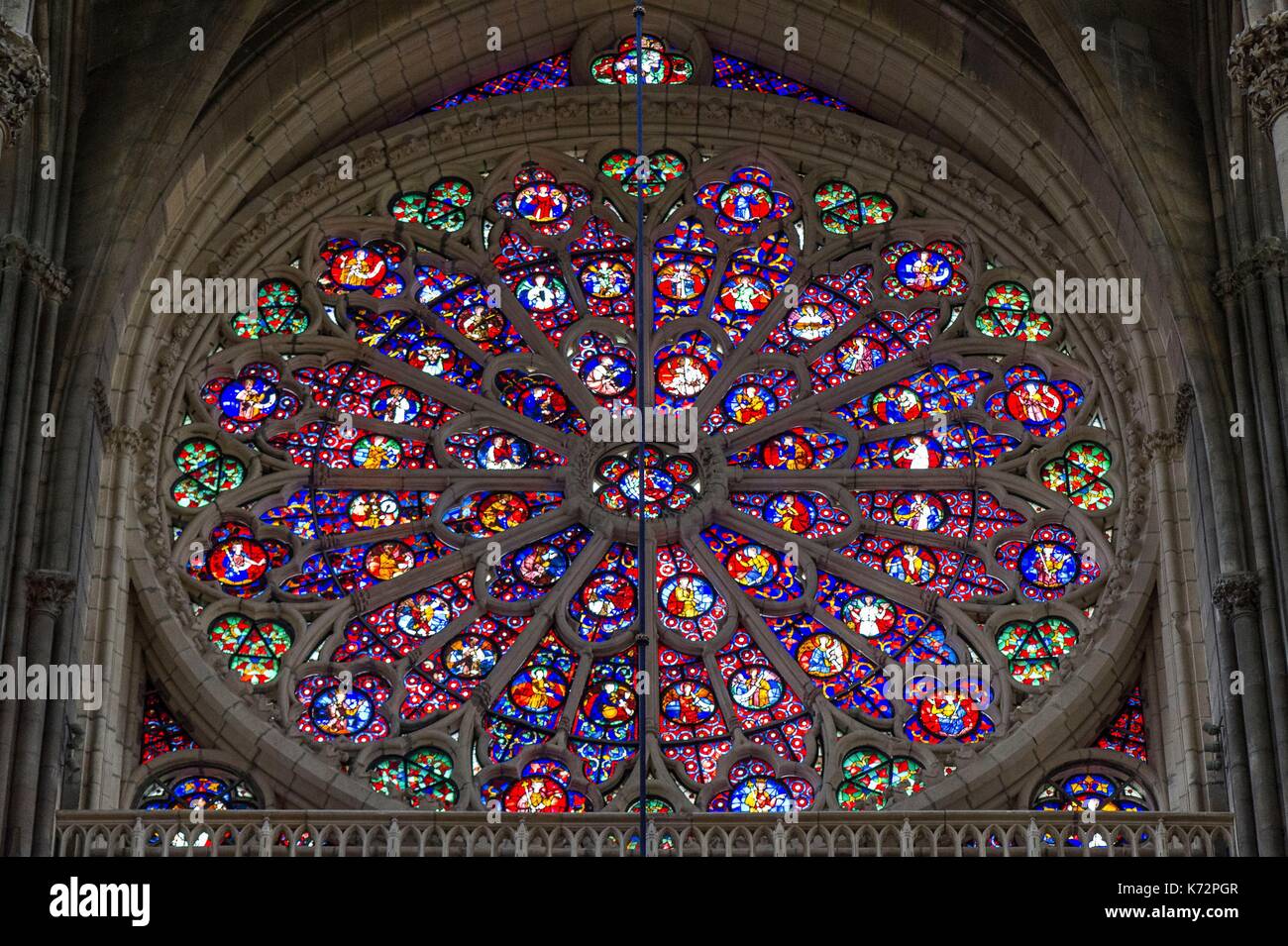 France, Marne, Reims, view of the great rose of the Cathedral listed as ...