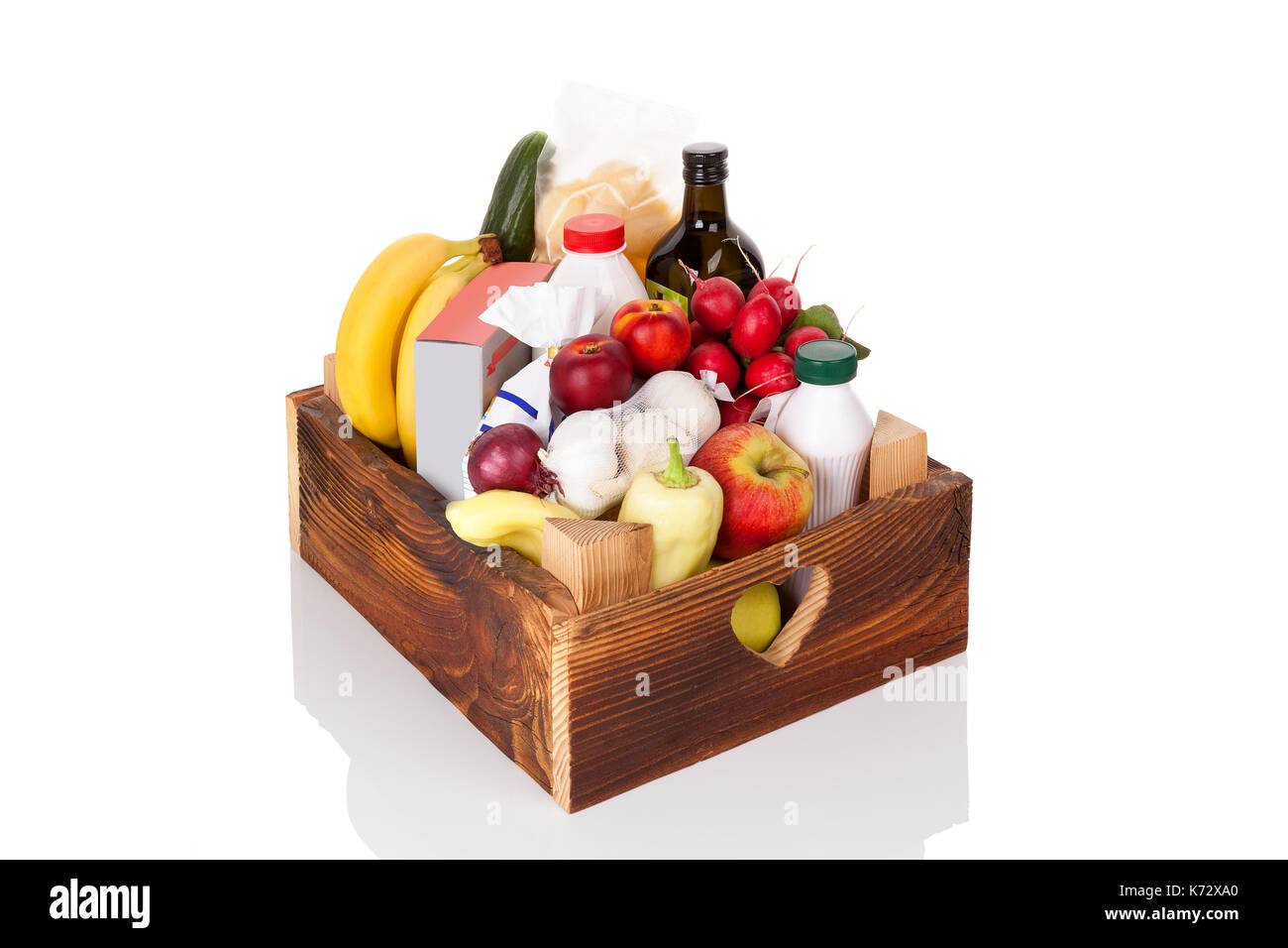 Delivery Concept. Wooden crate with groceries, fruits, vegetables, food ...