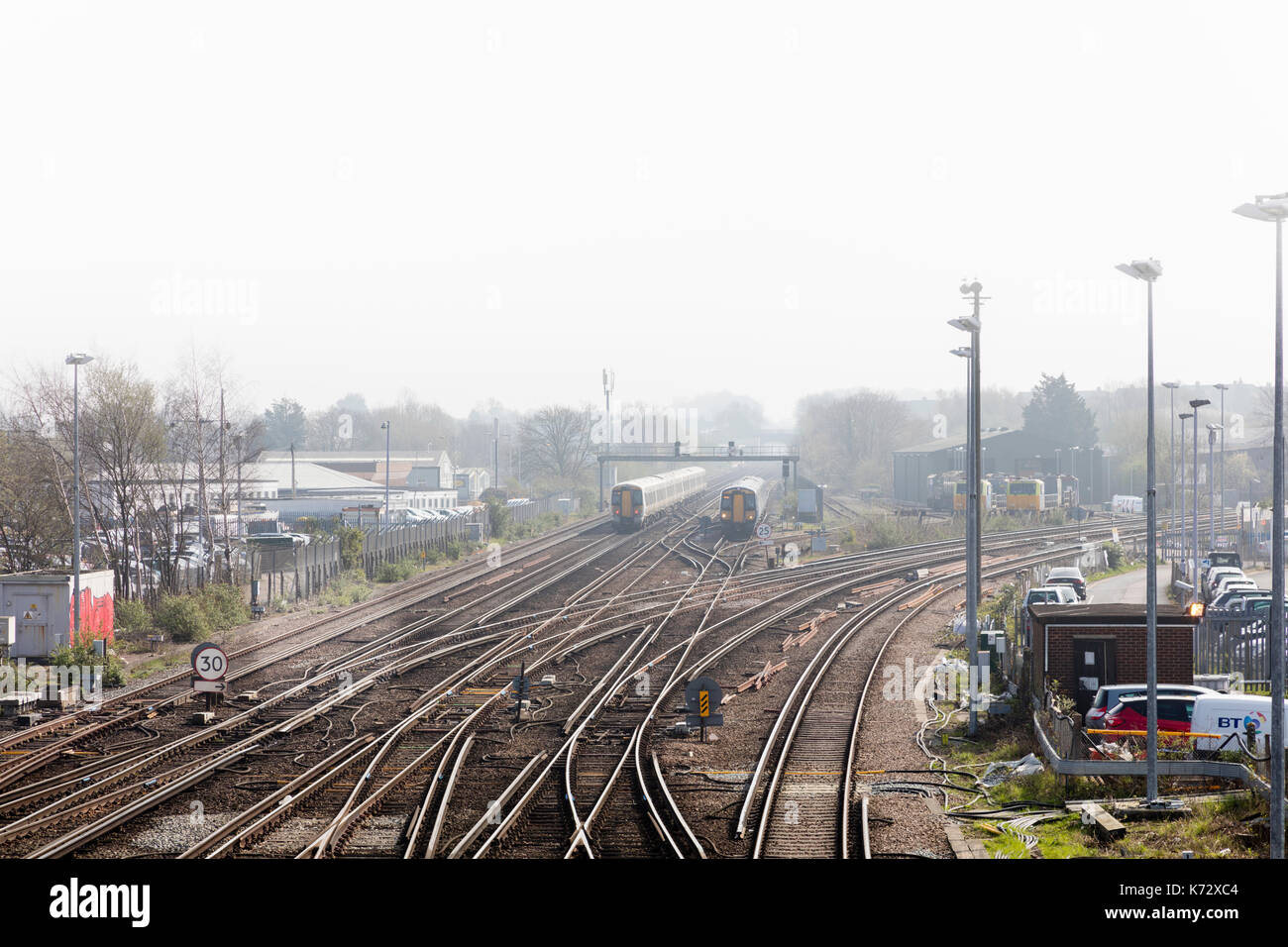 Trains enter and leave Tonbridge station across a series of points on a ...