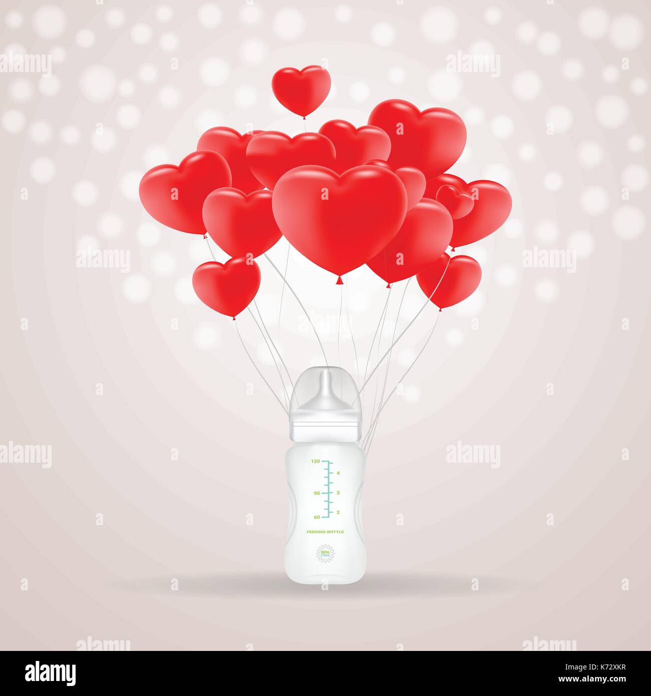 Baby Milk Bottle With Red Baloons In Shape Of Heart Isolated On A ...