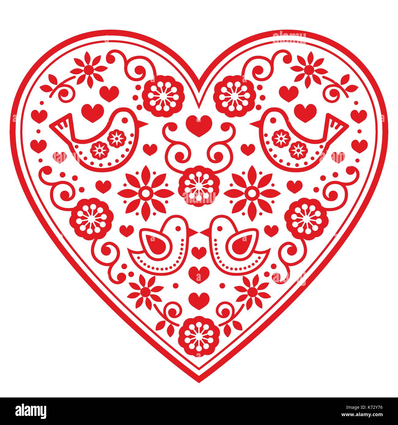 Folk heart vector pattern with flowers and birds - Valentine's Day ...