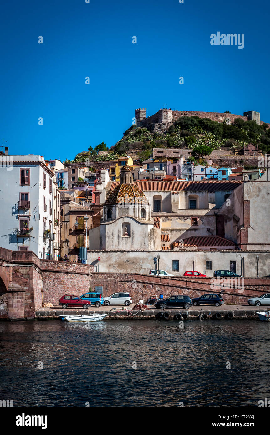 View of ancient village of Bosa on Temo river in a sunny morning of ...