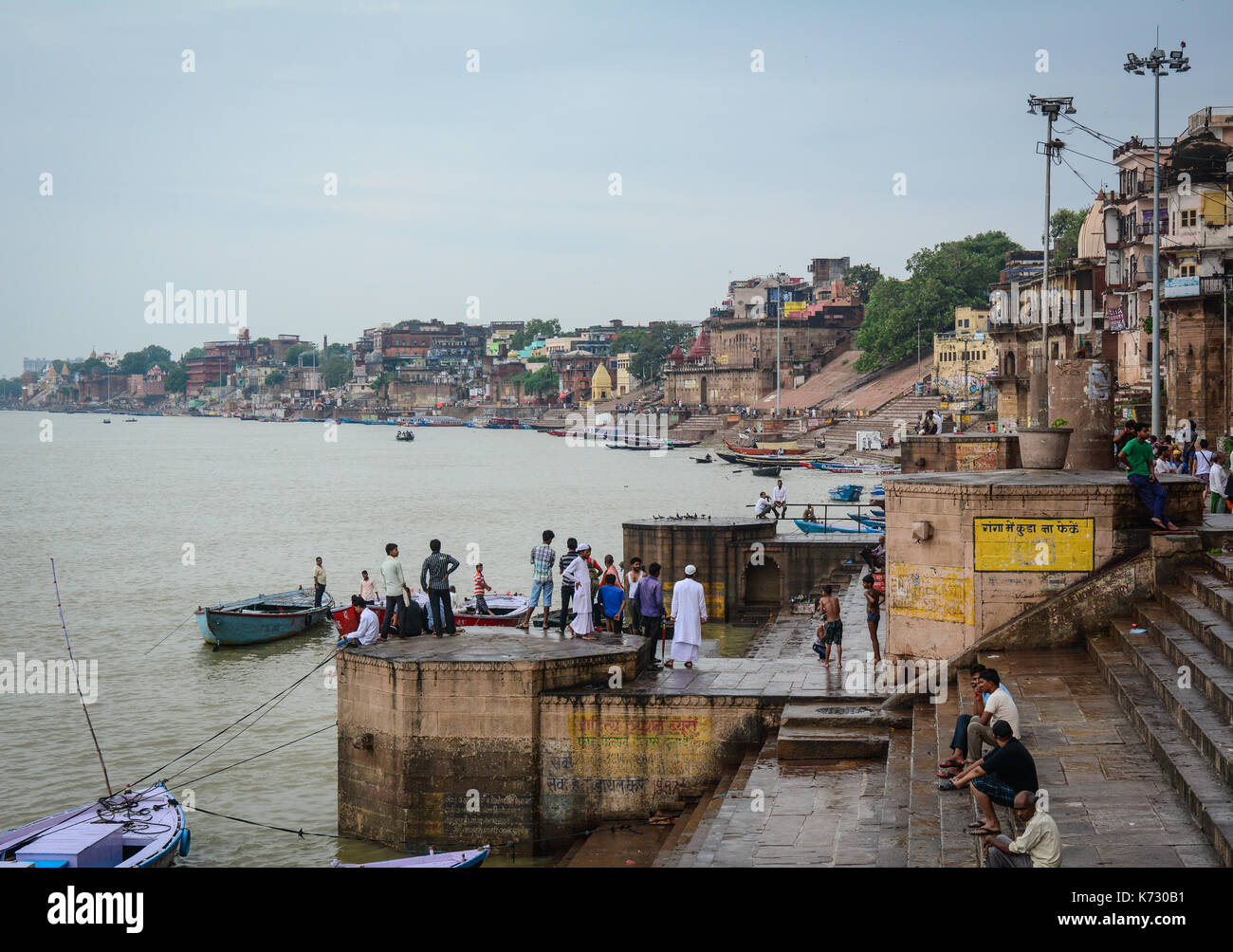 Varanasi, India - Jul 11, 2015. Landscape of Ganges River at sunset in ...