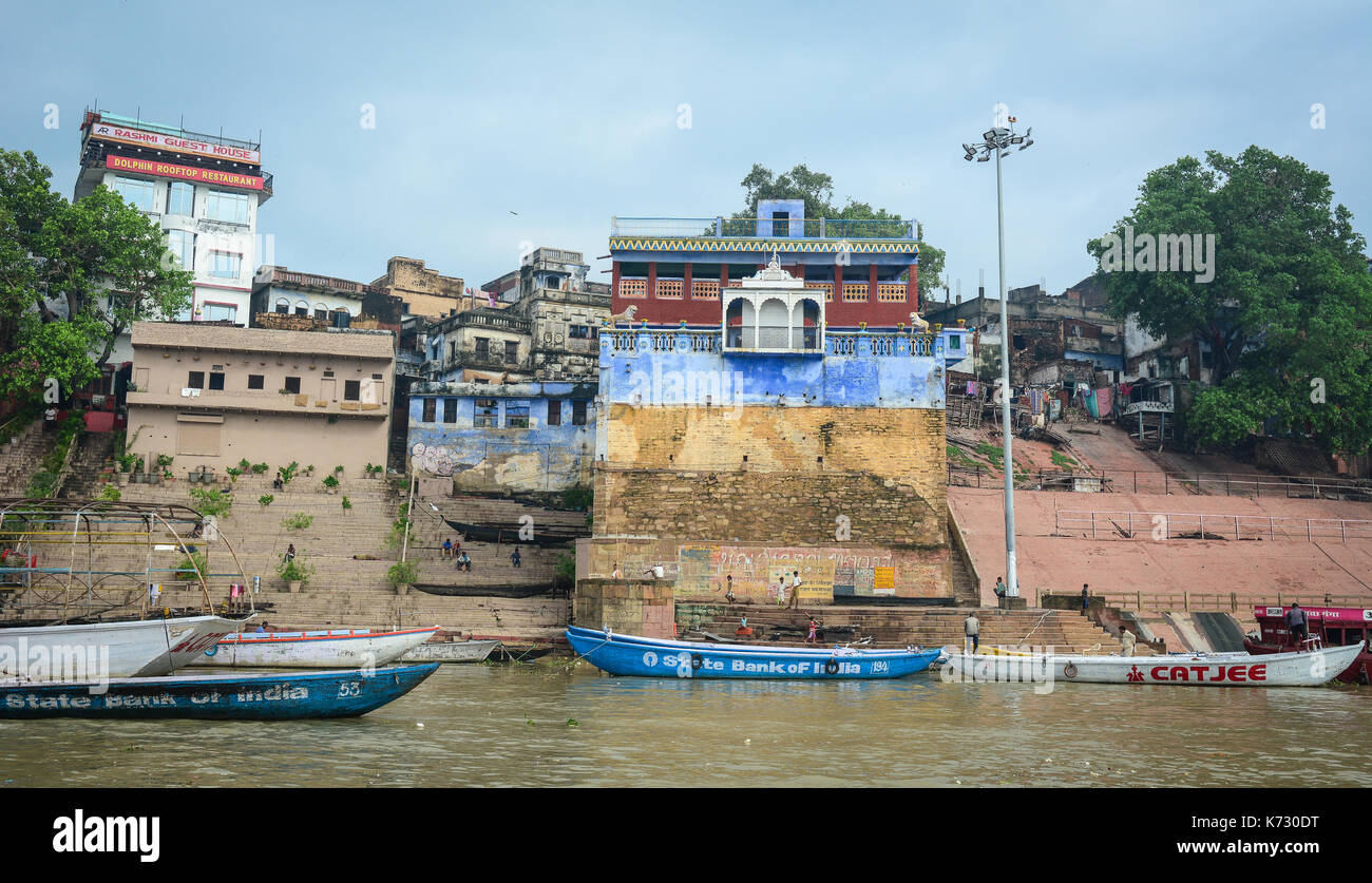 Varanasi, India - Jul 12, 2015. Landscape of the Ganges River with ...