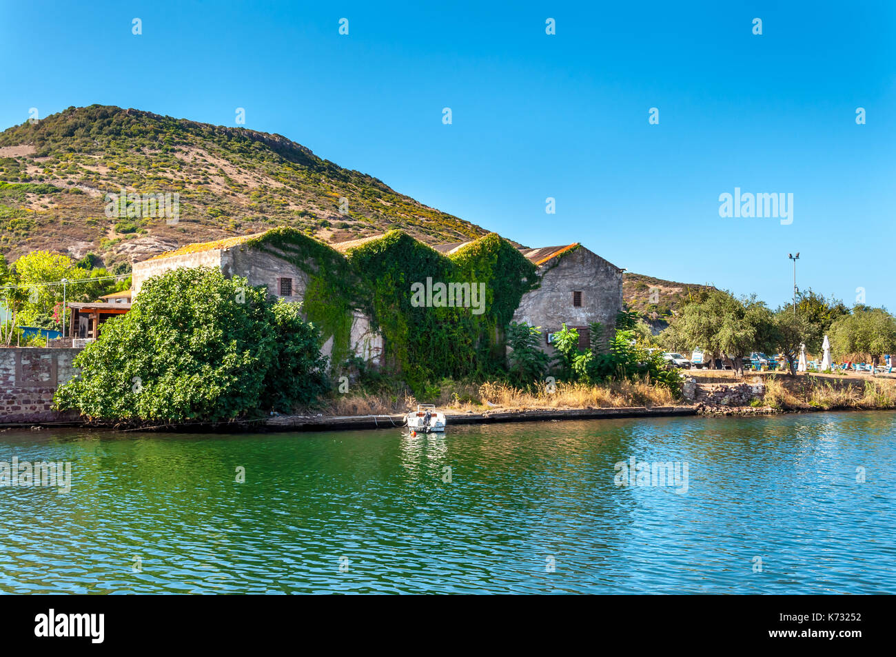 View of ancient village of Bosa on Temo river in a sunny morning of ...