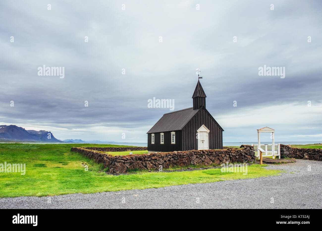 Mountain View Iceland. Beautiful black wooden church in Budir Stock ...