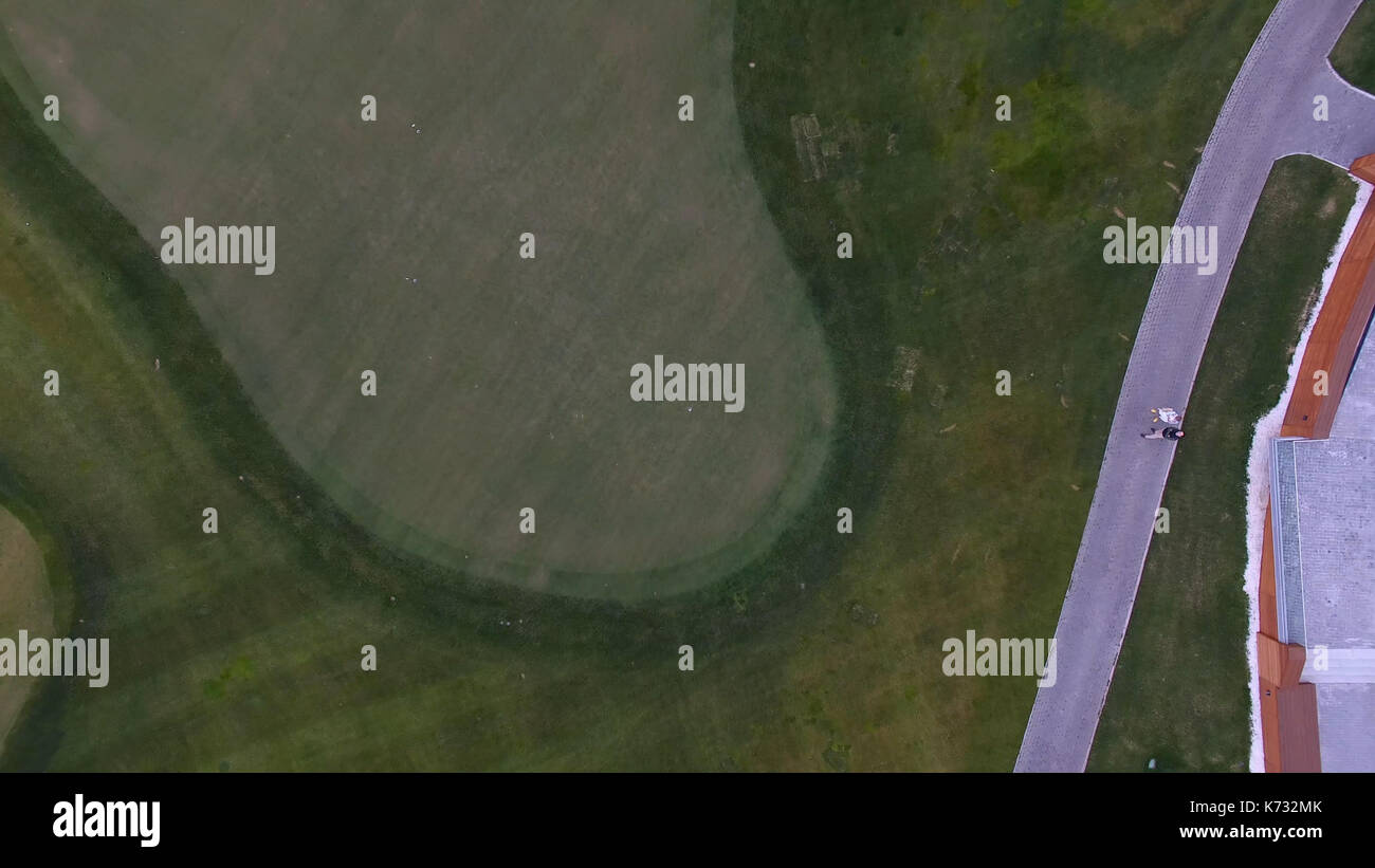 Top view green golf course outdoor green grass field. Aerial view from ...