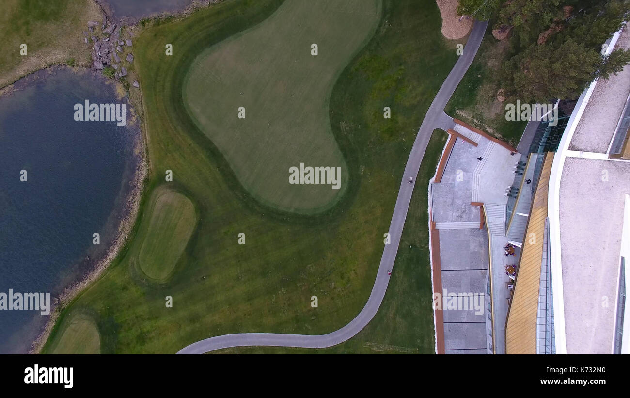 Top view green golf course outdoor green grass field. Aerial view from ...