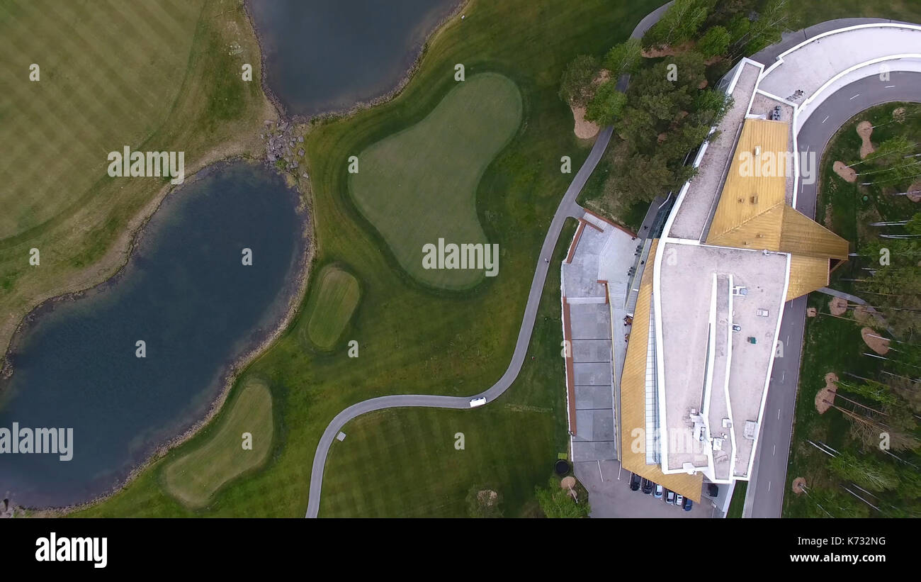 Top view green golf course outdoor green grass field. Aerial view from ...