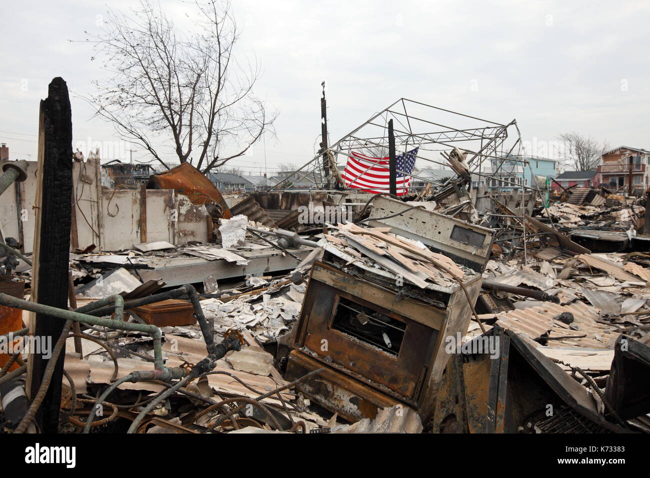 Burned-out buildings and debris in the aftermath of Hurricane Sandy in ...