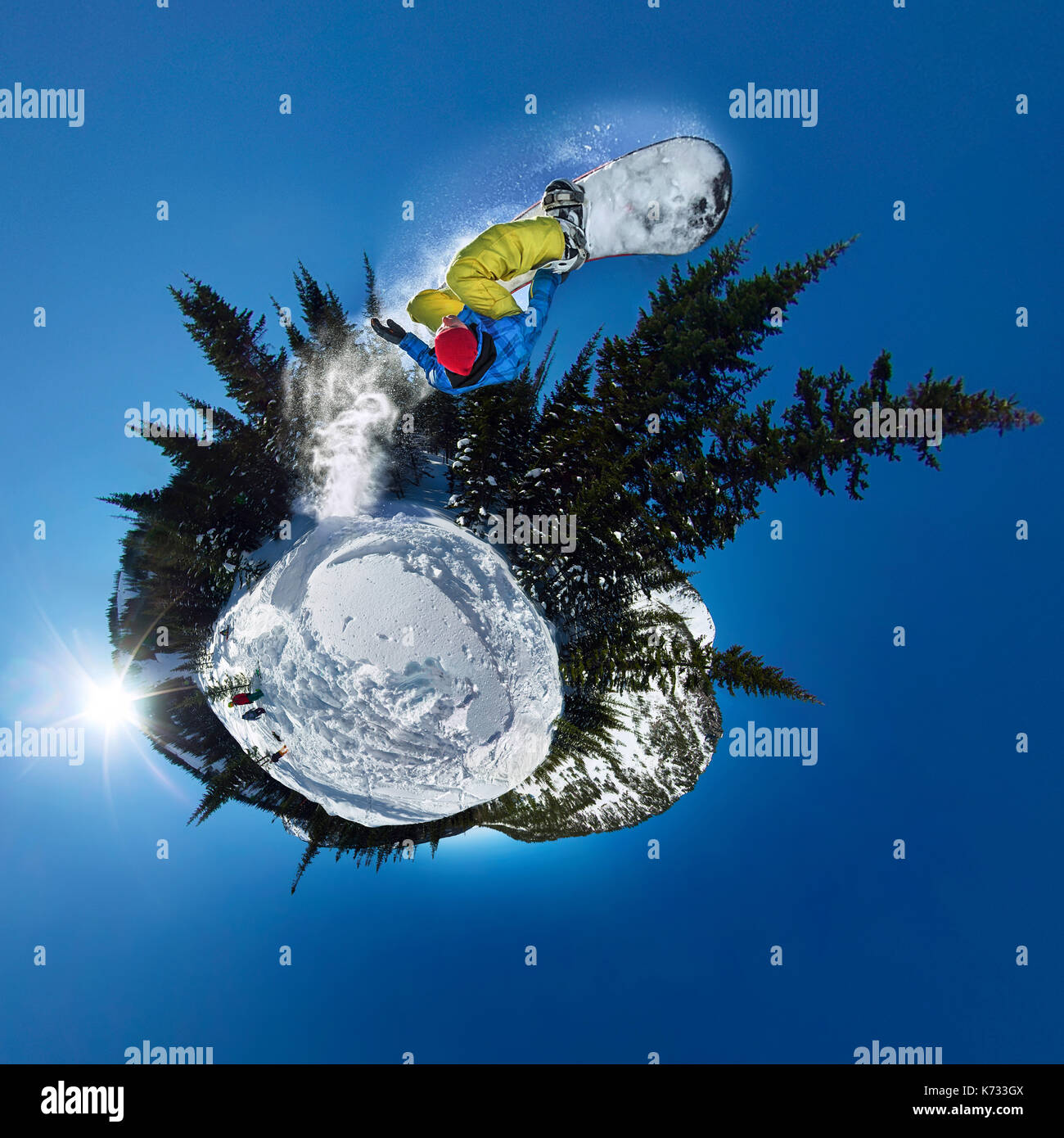 Snowboarder freerider jumping from snow ramp. Spherical 360 panorama ...