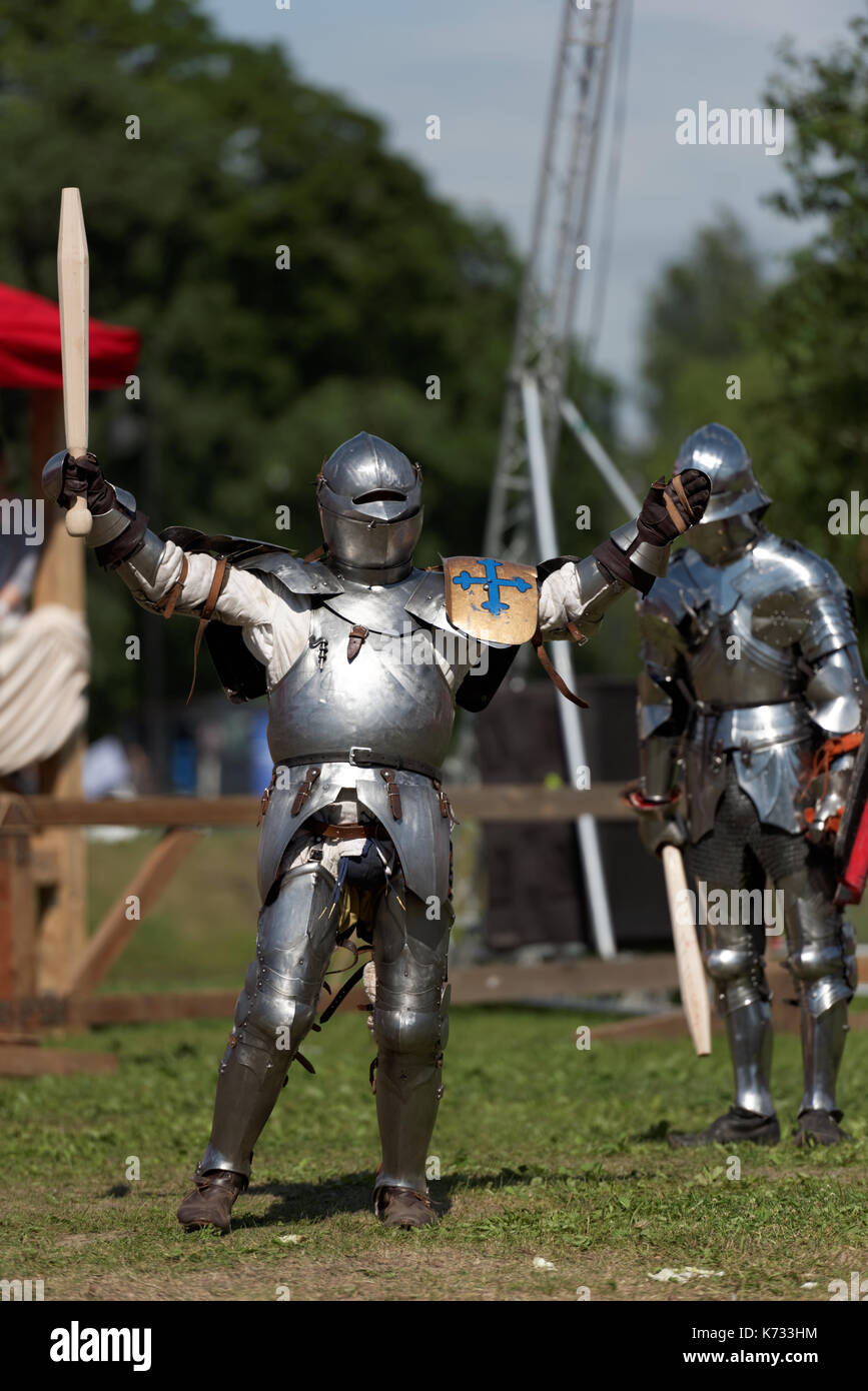 St. Petersburg, Russia - July 9, 2017: Armored knights preparing to the ...