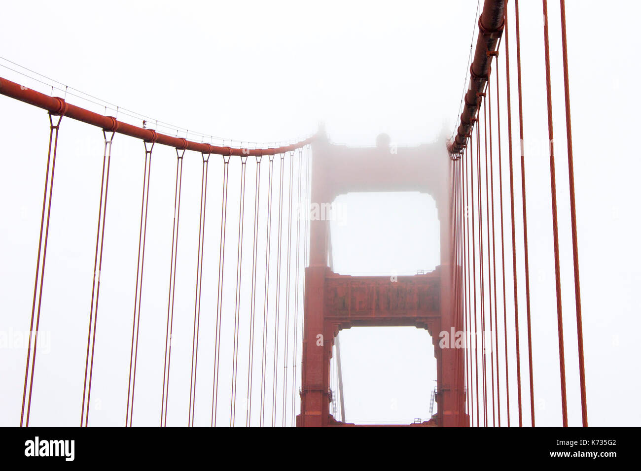Details of the Golden Gate Bridge, a painted red suspension bridge ...