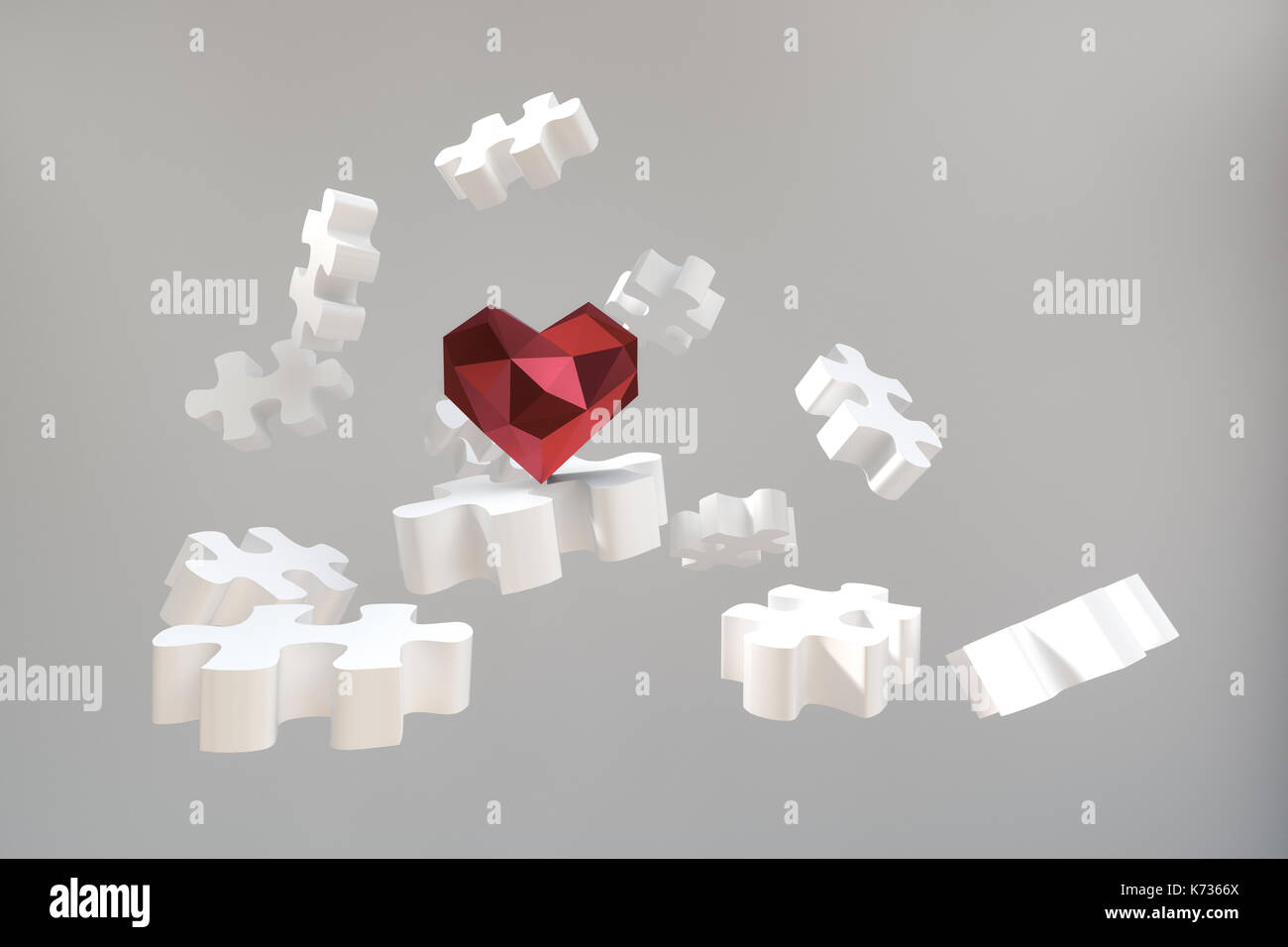 3d rendering of low poly heart shape on flying puzzle blocks Stock ...