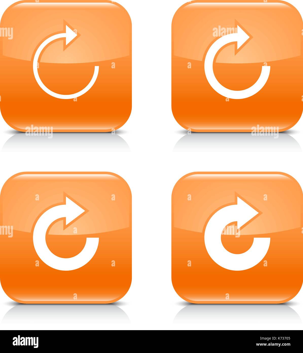 4 arrow icon. White refresh, reload, rotation, repeat sign. Set 05. Orange rounded square button ...