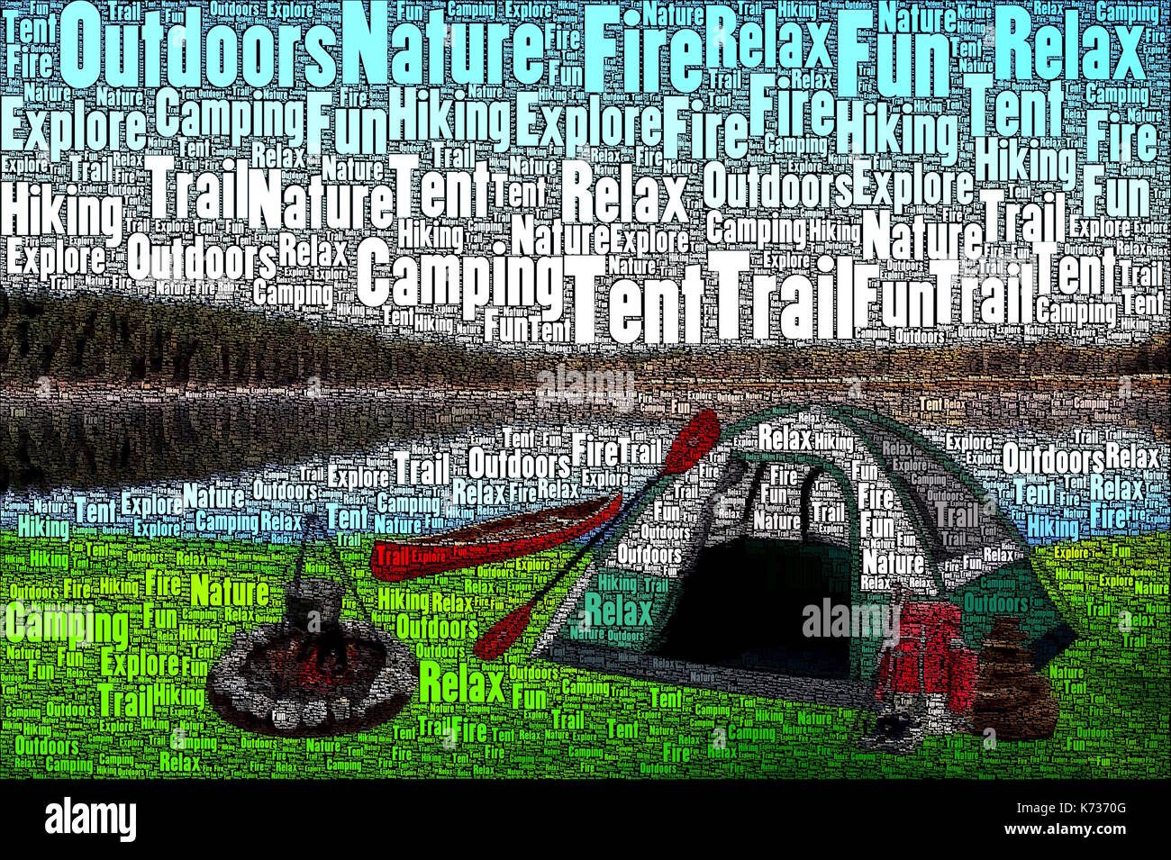 Camping art made by using only words about camping Stock Photo - Alamy