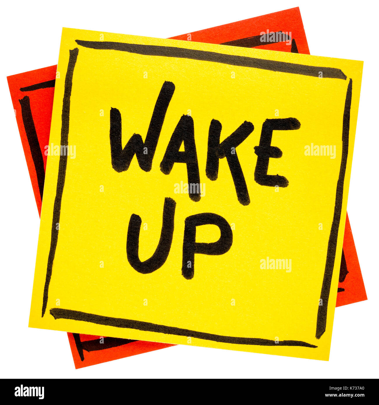 wake up - alert, reminder or advice, handwriting on isolated an sticky ...