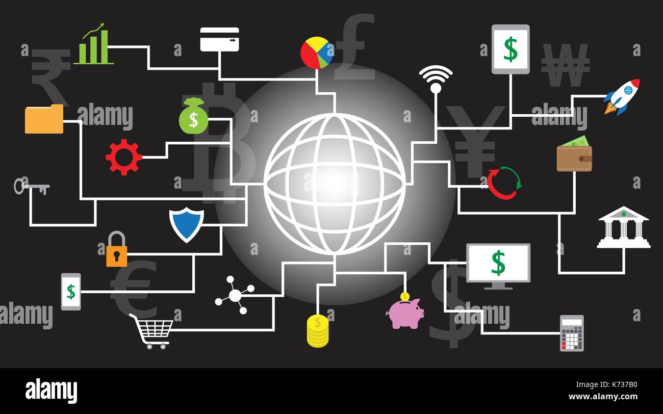 22 Fintech Icons Around A Shining Line Globe With Black Background And ...