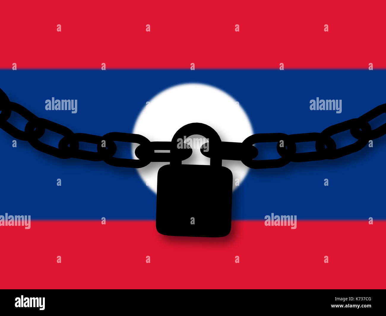 Laos security. Silhouette of a chain and padlock over national flag ...