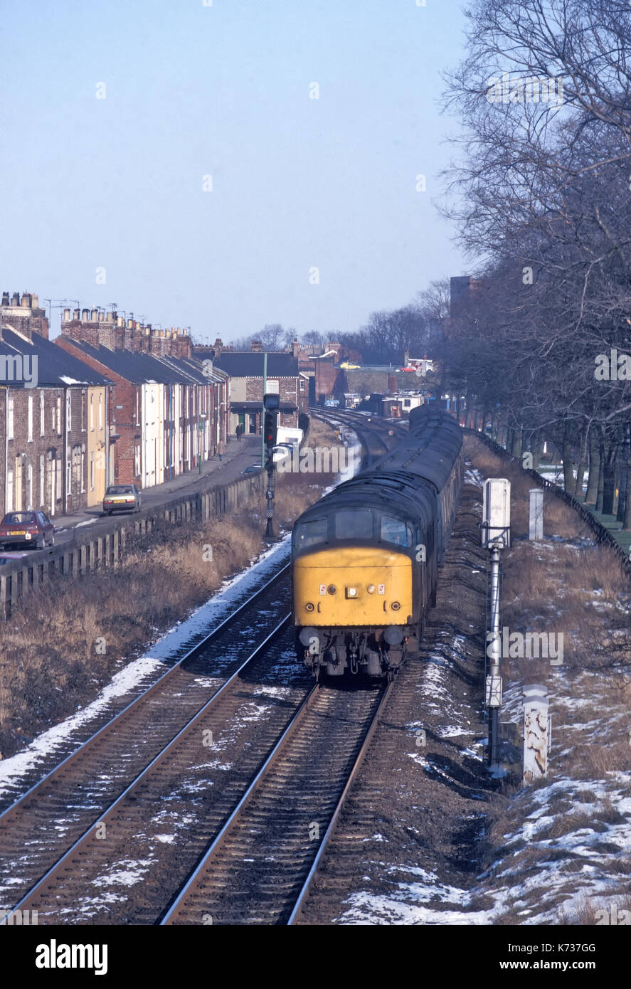 Class 45 locomotive heads past Burton Lane with a Trans-Pennine ...
