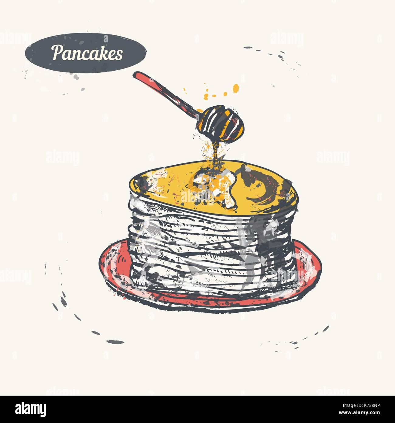 Hand drawn sketch. Pancakes with honey. Vector vintage illustration ...