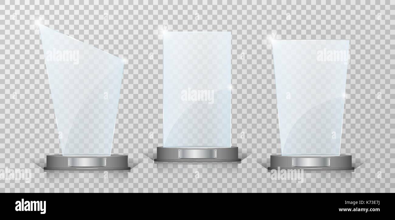 Empty Crystal glass trophy awards set. Glossy transparent trophy for ...