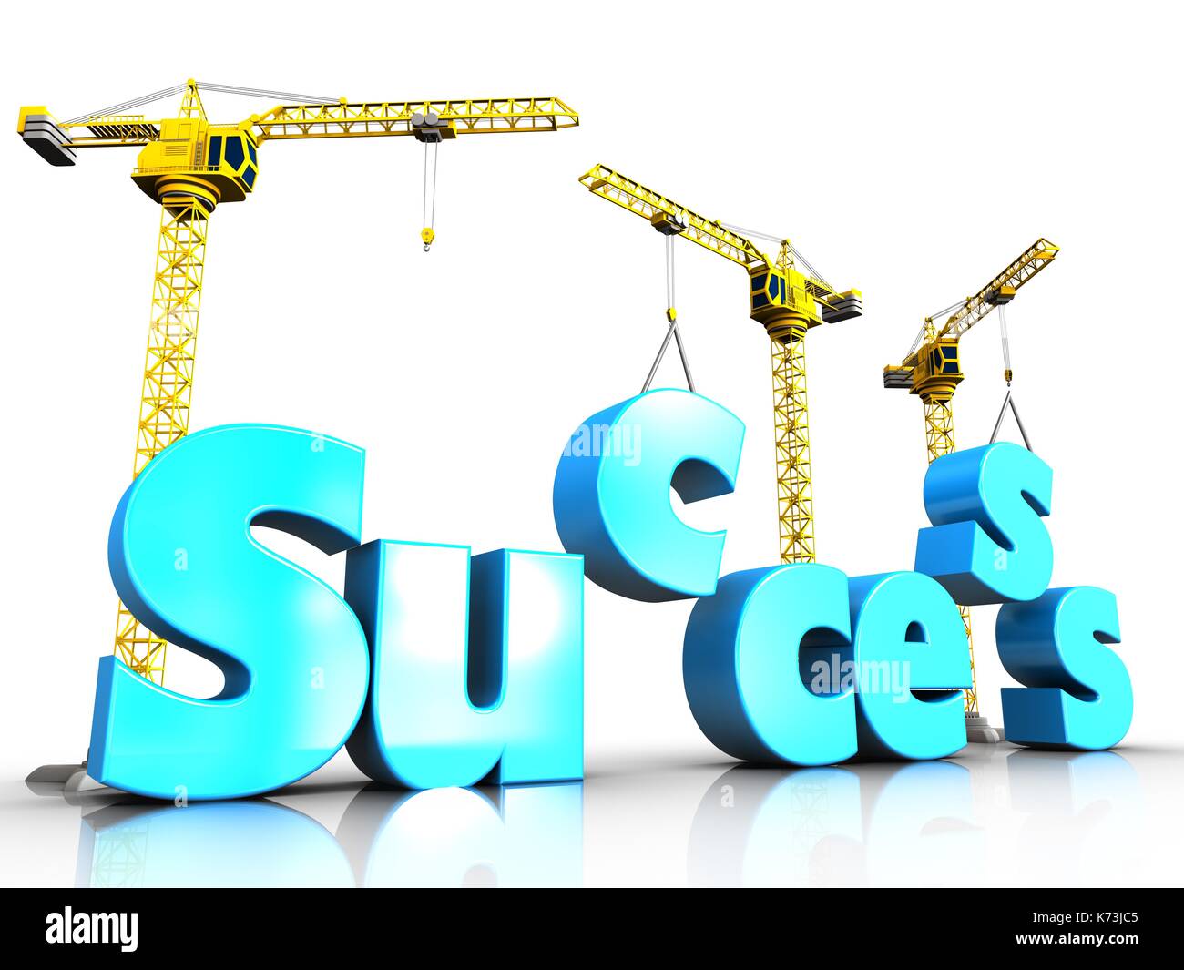 3d illustration of success blue color sign with cranes over white ...