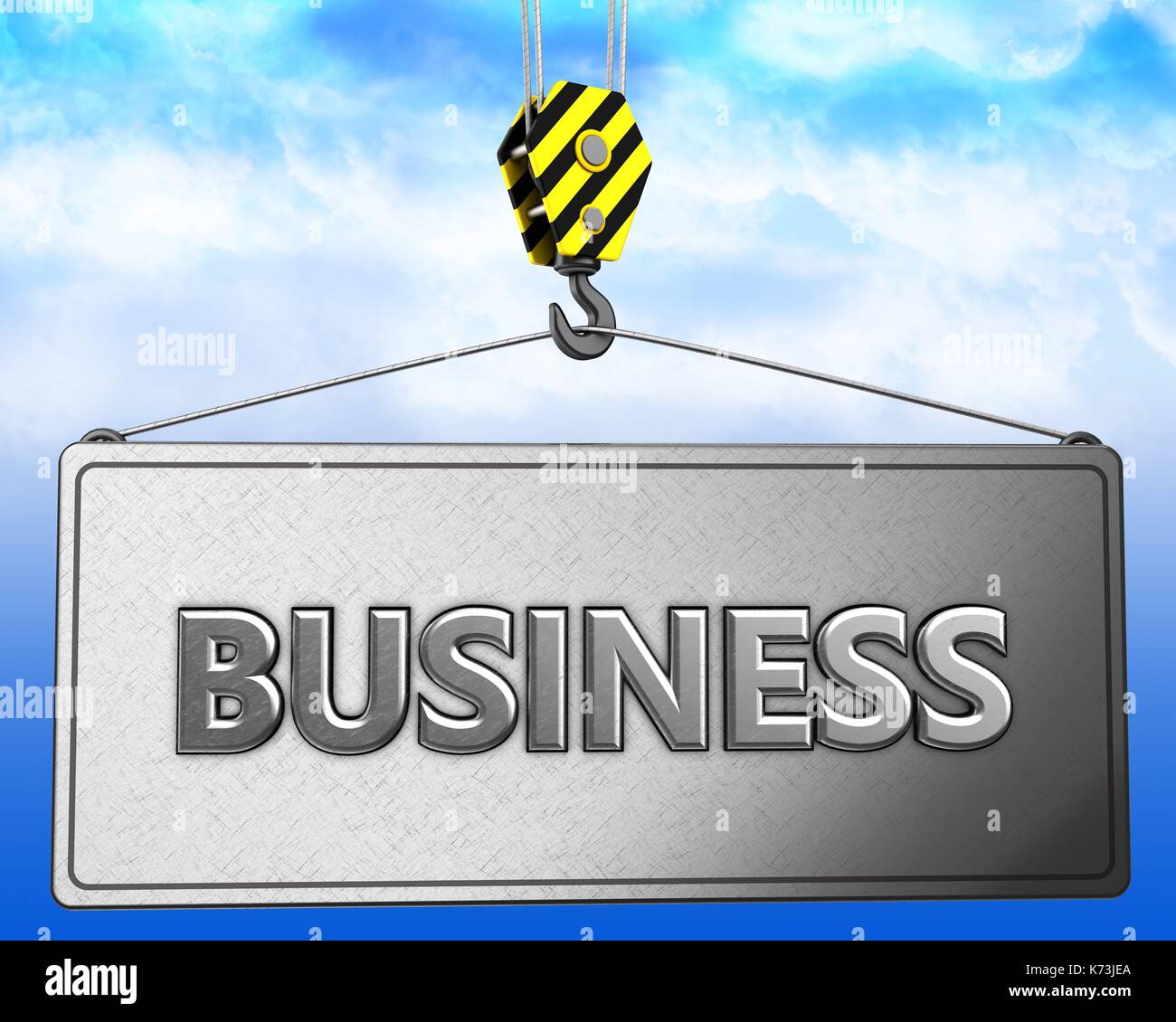 3d illustration of business sign with crane hook over sky background ...