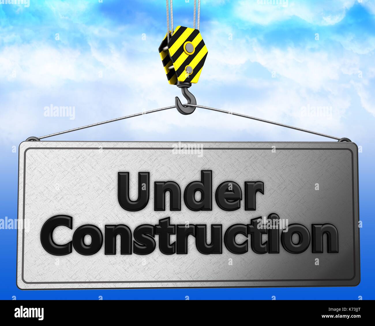 3d illustration of under construction sign with crane hook over sky ...