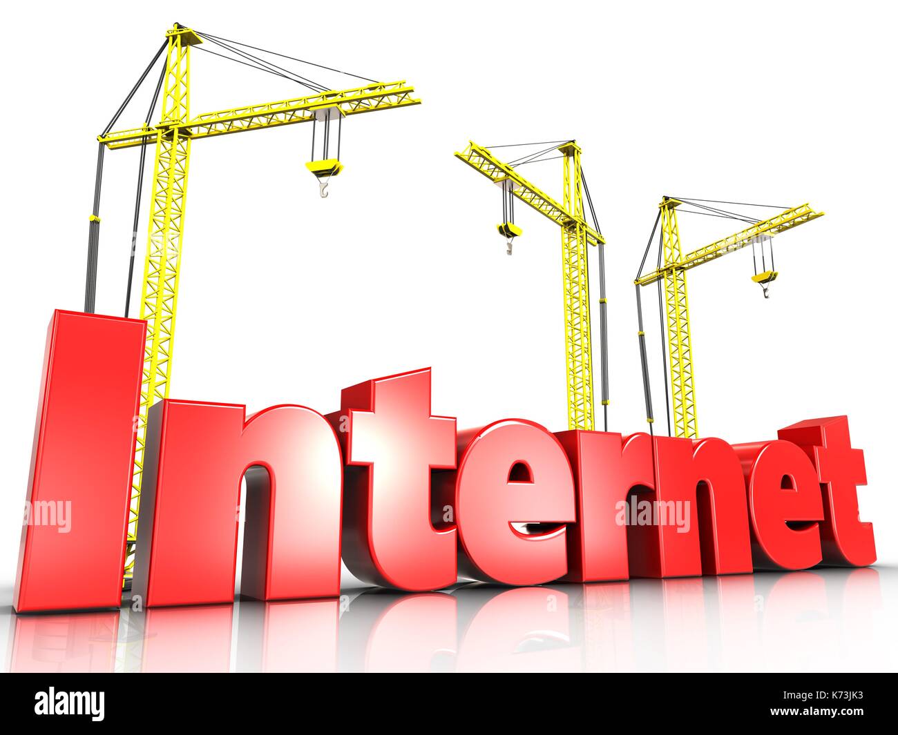 3d illustration of internet sign with three cranes over white ...