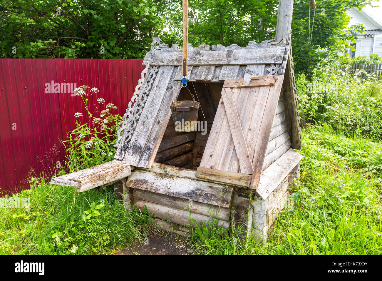 Old village wooden water well at the countryside in summer day Stock ...