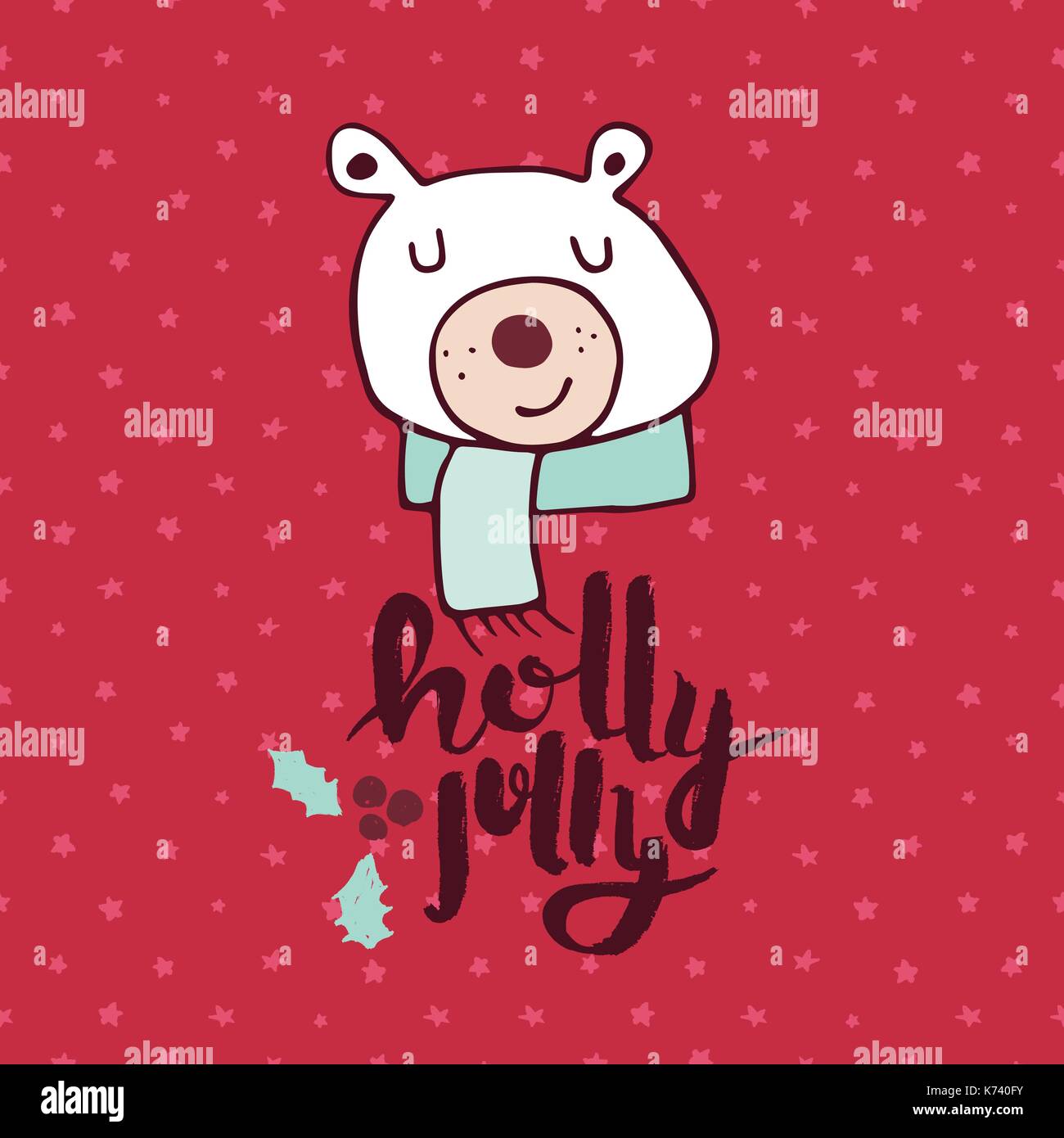 Merry Christmas red hand drawn greeting card. Cute polar bear cartoon ...