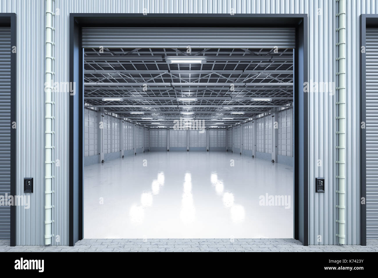 3d rendering warehouse interior with shutter doors opened Stock Photo ...
