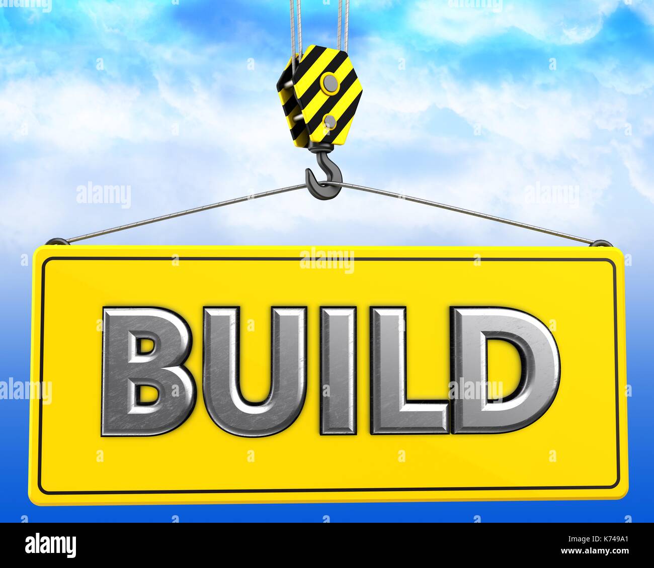 3d illustration of build sign with crane hook over sky background Stock ...