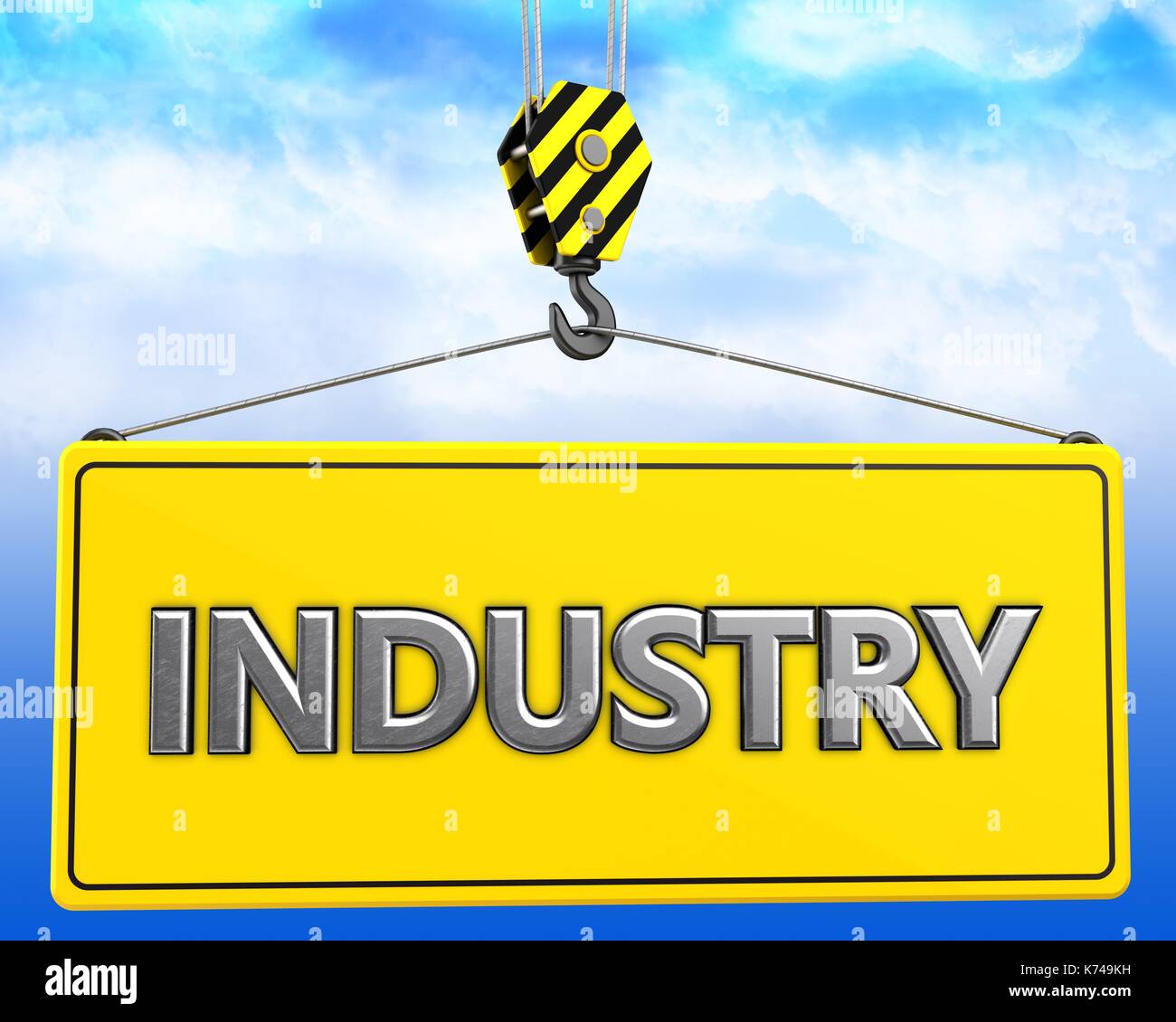 3d illustration of metal industry sign with crane hook over sky ...