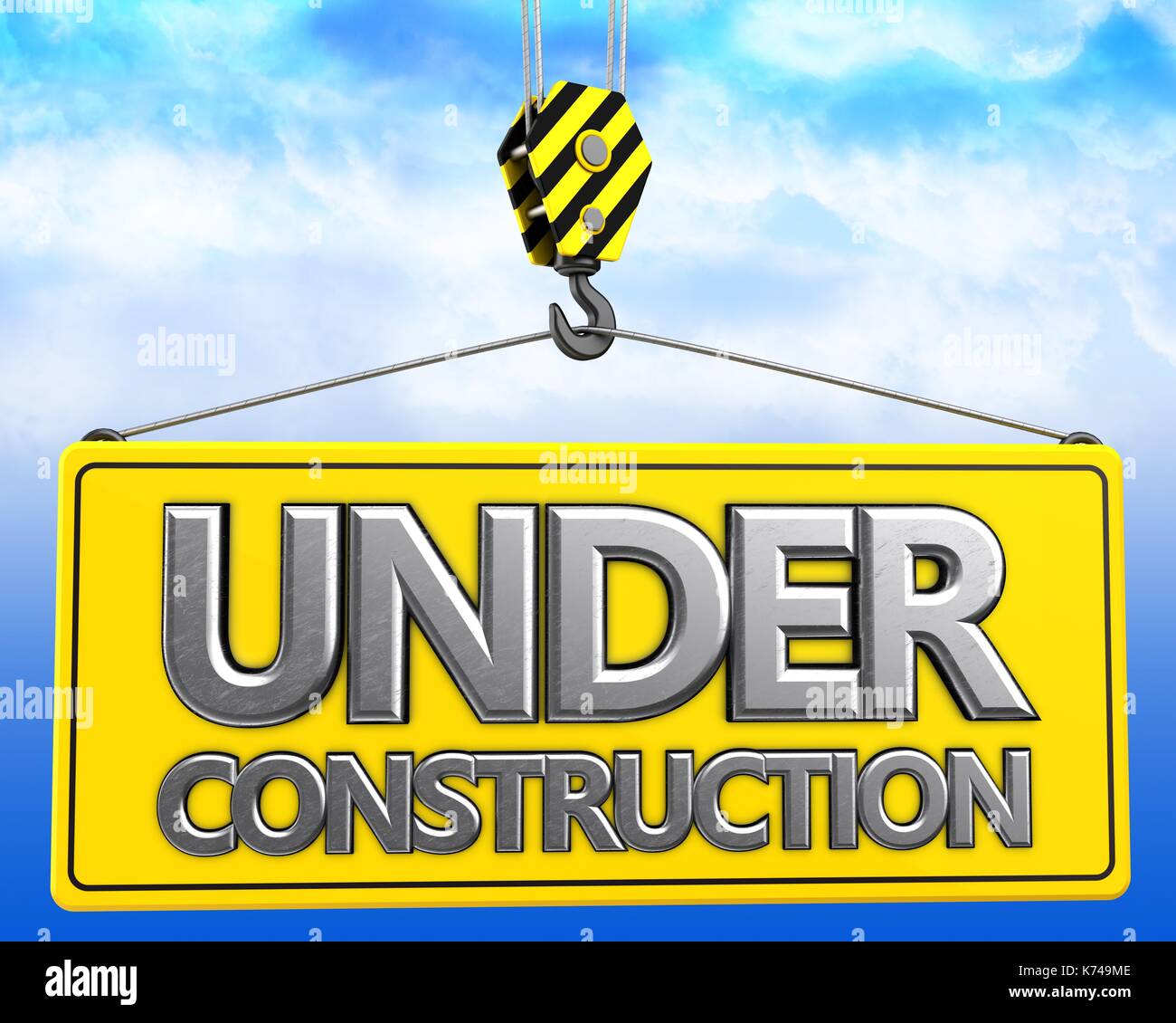 3d illustration of metallic under construction sign with crane hook ...