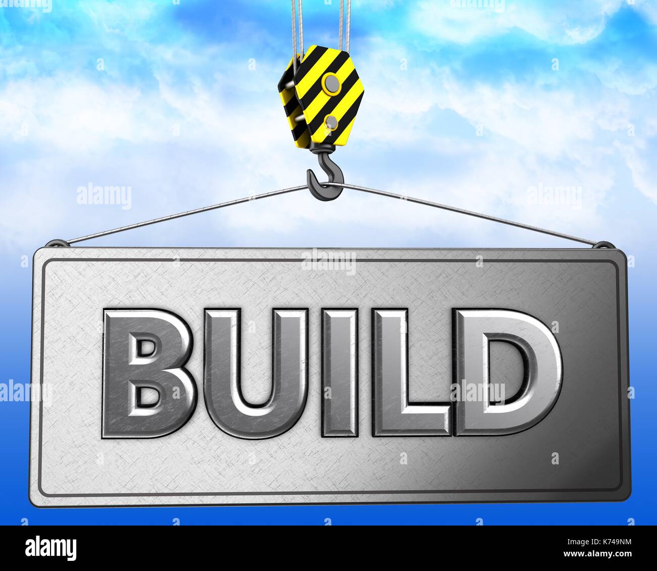 3d illustration of build sign with crane hook over sky background Stock ...