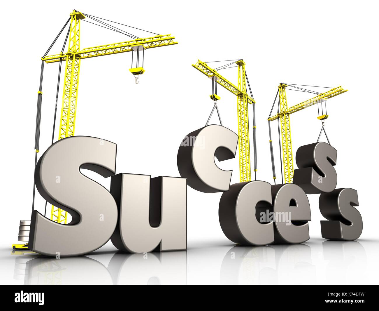 3d illustration of success sign with three cranes over white background ...